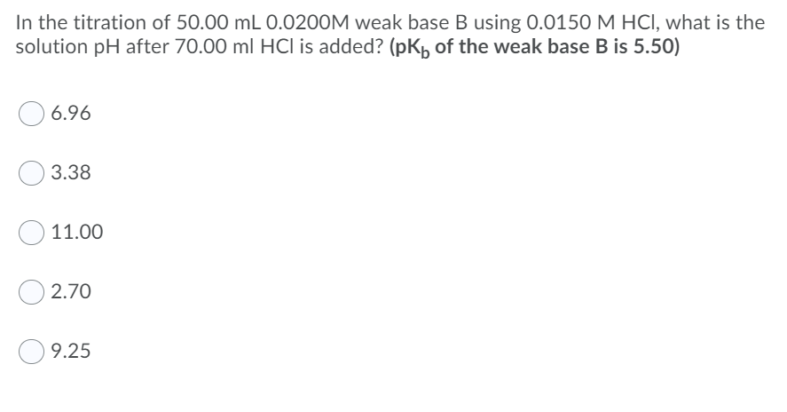 Solved In the titration of 50.00 mL 0.0200M weak base B | Chegg.com