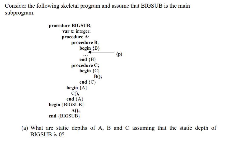 Solved Consider the following skeletal program and assume | Chegg.com