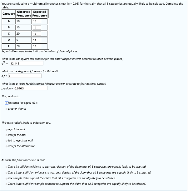 Solved You are conducting a multinomial hypothesis test (a = | Chegg.com