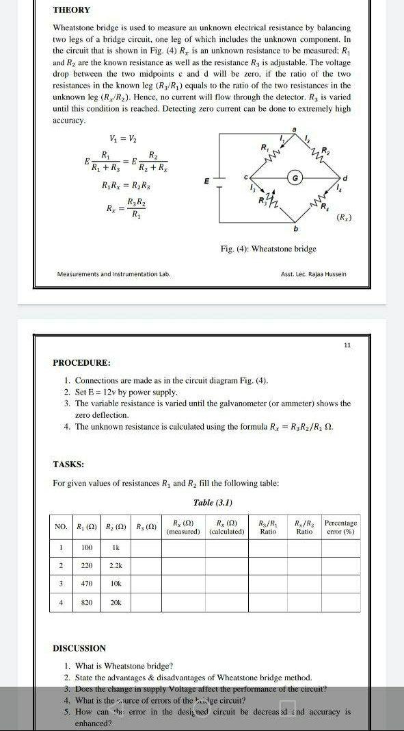Solved THEORY Wheatstone bridge is used to measure an | Chegg.com