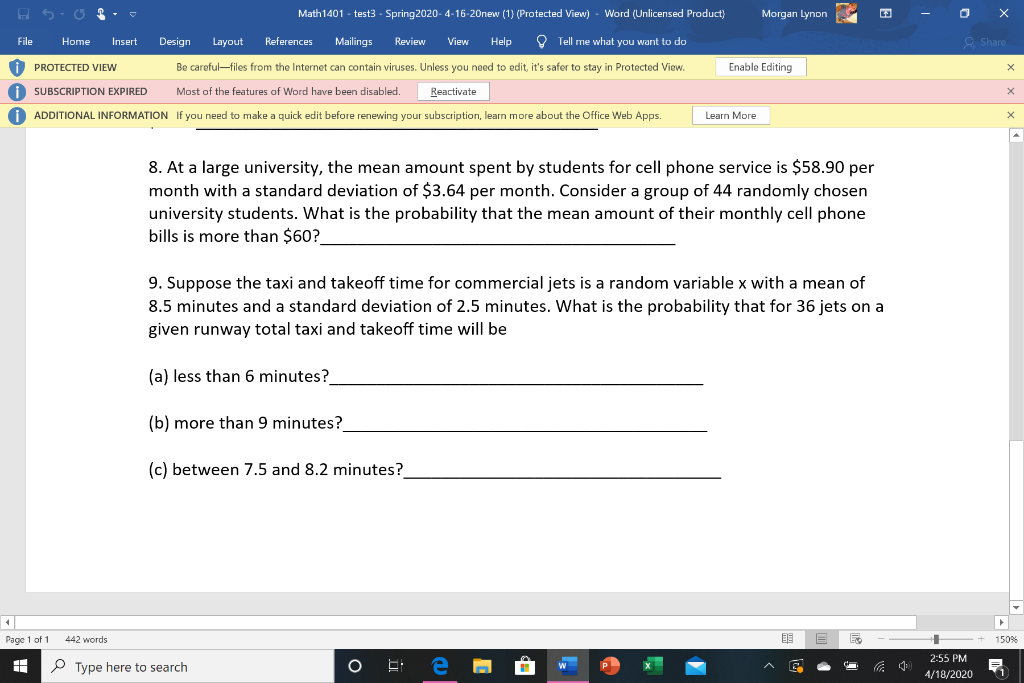 Solved Math 1401 - test3 - Spring 2020-4-16-20new (1) | Chegg.com