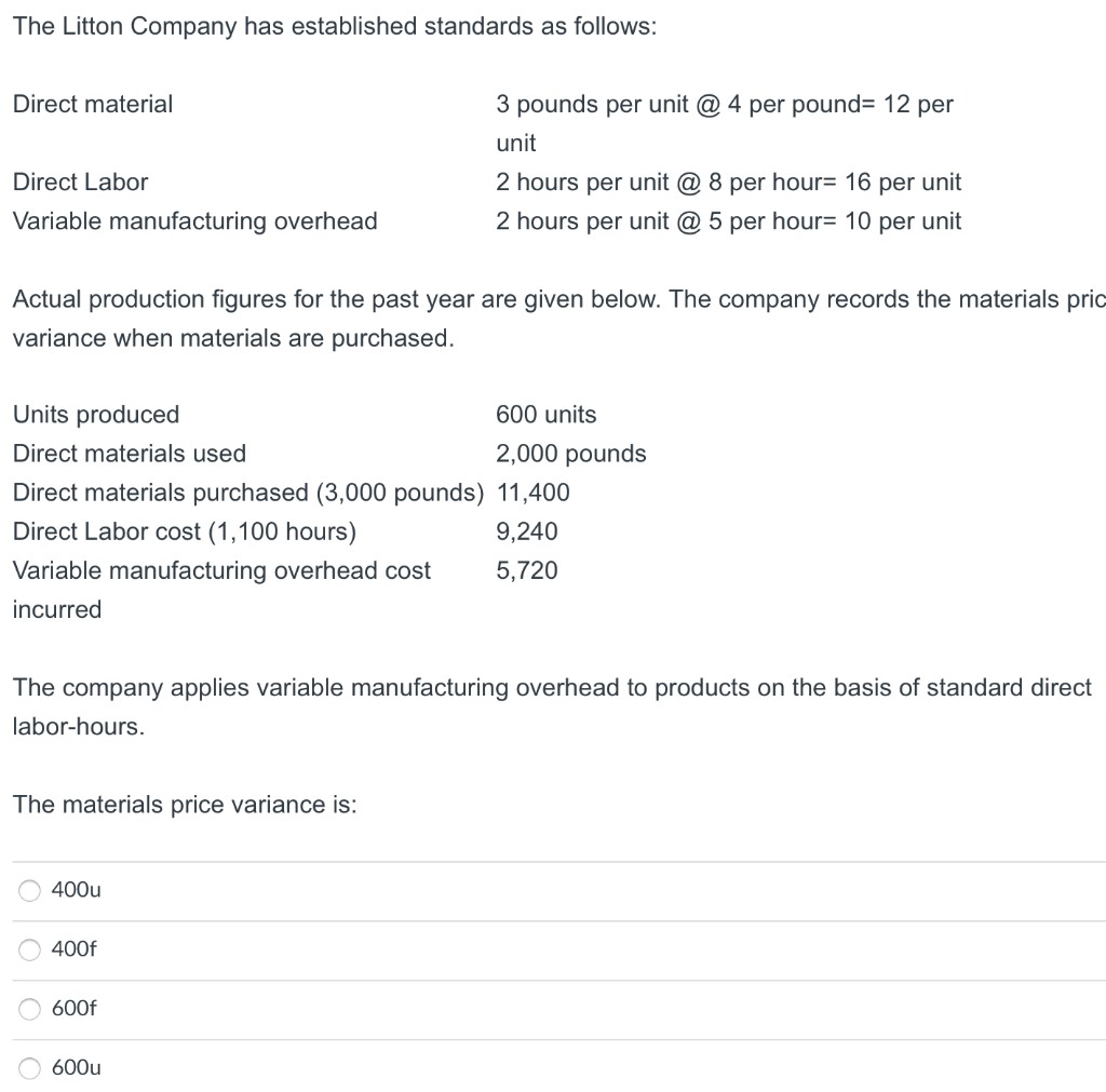 Solved The Litton Company has established standards as | Chegg.com