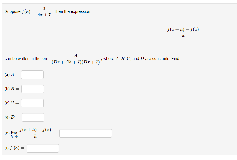 Solved Suppose f(x)=4x+73. Then the expression hf(x+h)−f(x) | Chegg.com