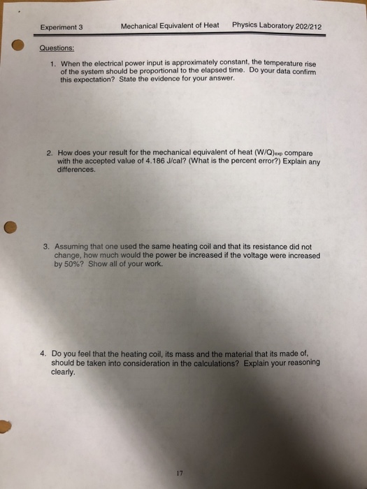 Experiment 3 Mechanical Equivalent of Heat Physics | Chegg.com