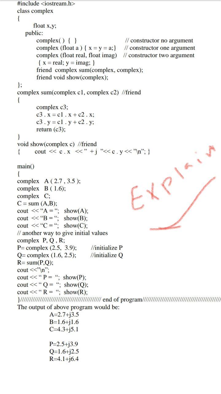 Solved #include class complex { float x,y; public: | Chegg.com