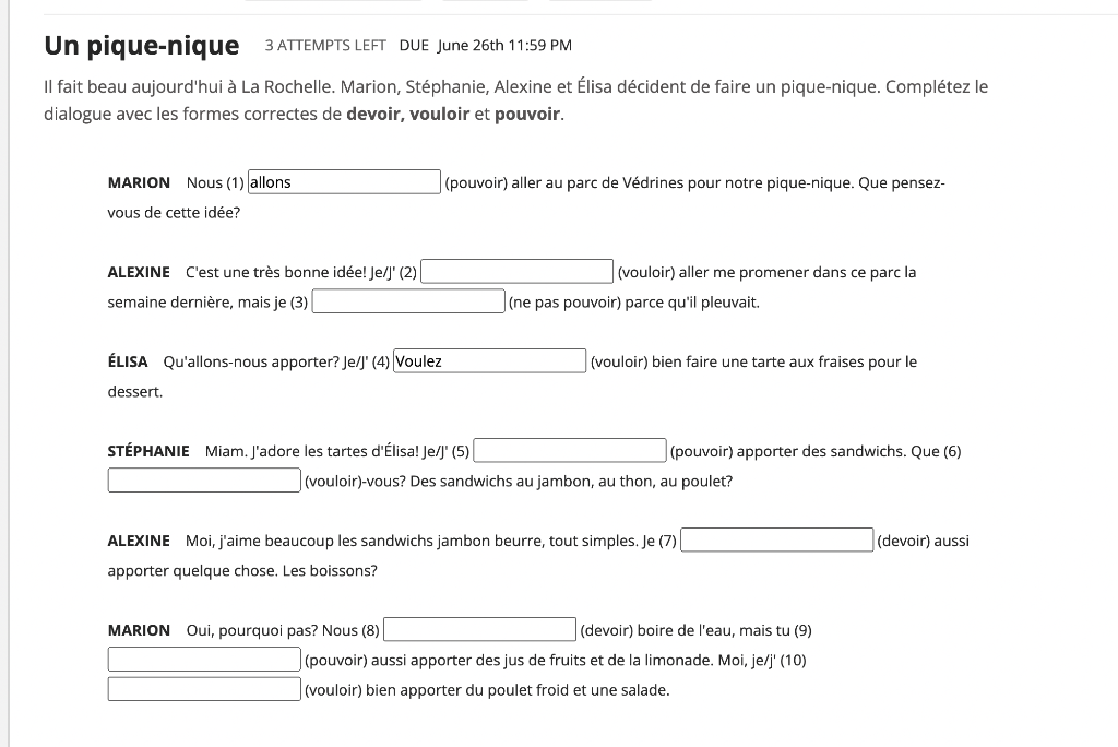 Un pique-nique 3 ATTEMPTS LEFT DUE June 26th 11:59 PM | Chegg.com