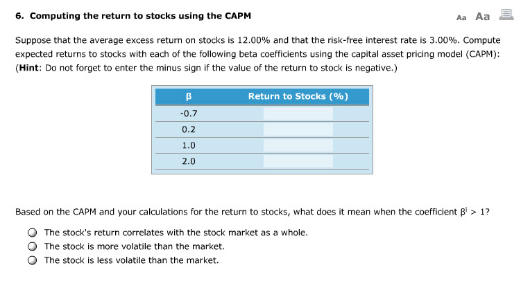 6. Computing the return to stocks using the CAPM Aa | Chegg.com