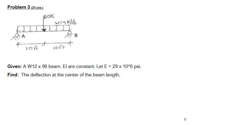 Solved Problem 3 (25 pts.) 60K W-4k/A A B 106 loft Given: A | Chegg.com