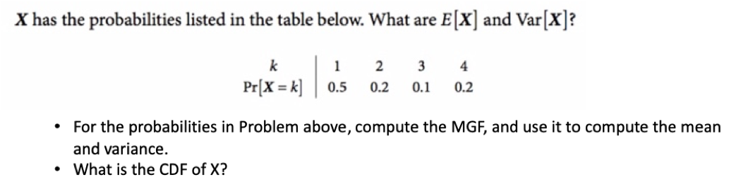 Solved X has the probabilities listed in the table below. | Chegg.com