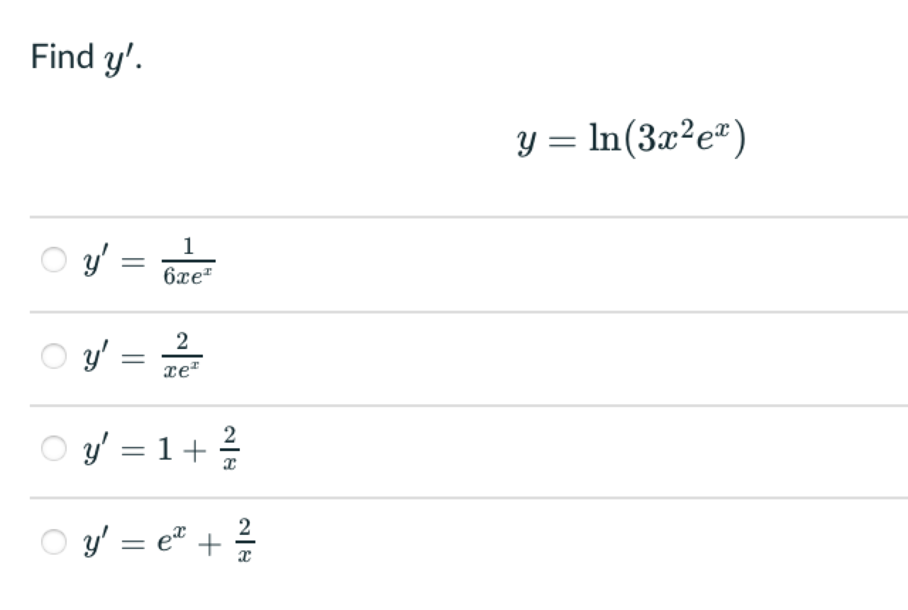Solved Find y′. y=ln(3x2ex) y′=6xex1y′=xex2y′=1+x2y′=ex+x2 | Chegg.com