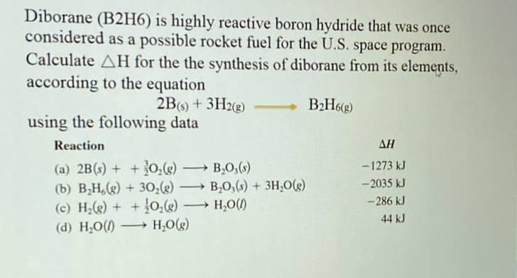 Solved Diborane (B2H6) is highly reactive boron hydride that | Chegg.com