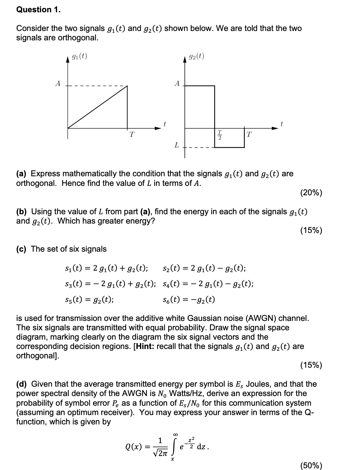 Question 1.Consider the two signals g1(t) ﻿and g2(t) | Chegg.com