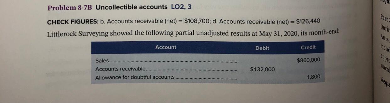 Solved Problem 8-7B Uncollectible accounts LO2, 3 Part CHECK | Chegg.com