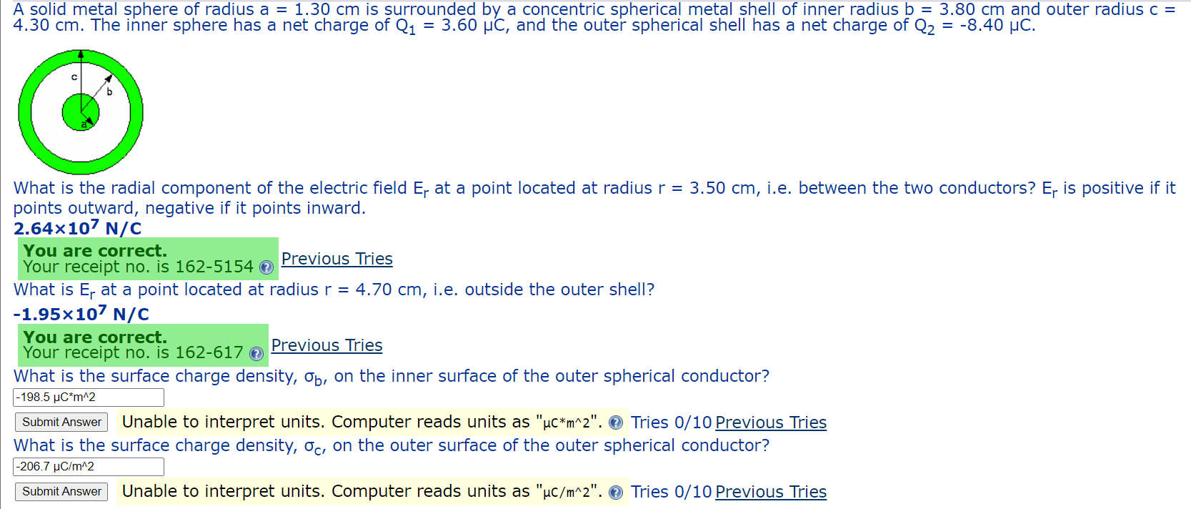 Solved A solid metal sphere of radius a=1.30 cm is | Chegg.com