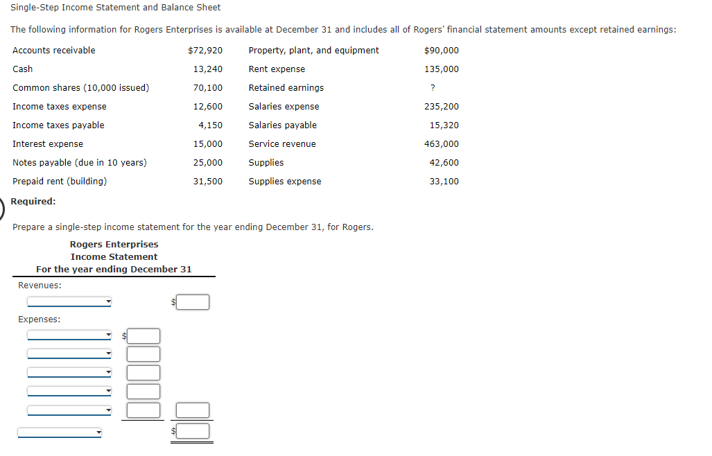 Solved Single-Step Income Statement and Balance Sheet The | Chegg.com