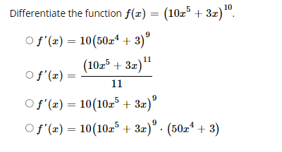 Solved Differentiate the function f(x)=(10x5+3x)10 | Chegg.com