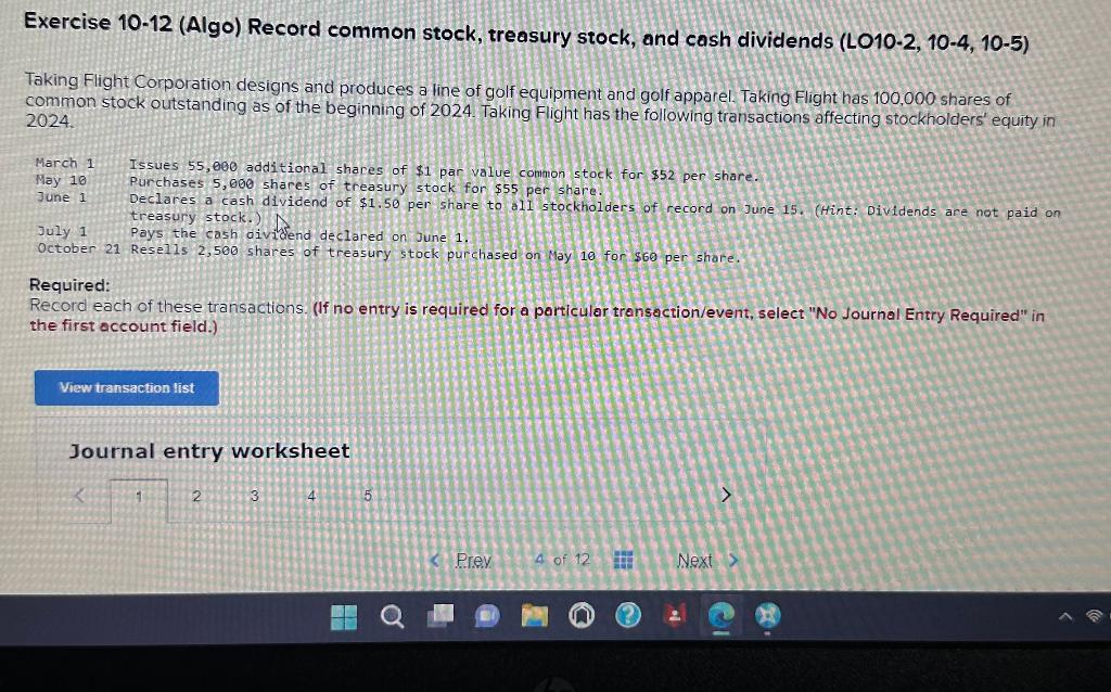 Solved Exercise 10-12 (Algo) Record common stock, treasury | Chegg.com
