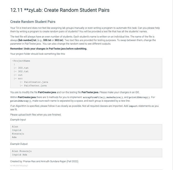 Solved 12.11 **zyLab: Create Random Student Pairs Create | Chegg.com