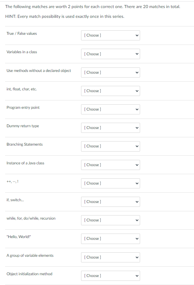 Solved The following matches are worth 2 points for each | Chegg.com