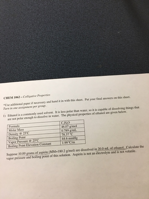 Solved CHEM 1062- Colligative Properties Use additional | Chegg.com