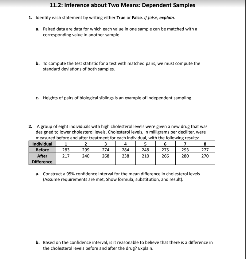Solved 11.2: Inference about Two Means: Dependent Samples 1. | Chegg.com
