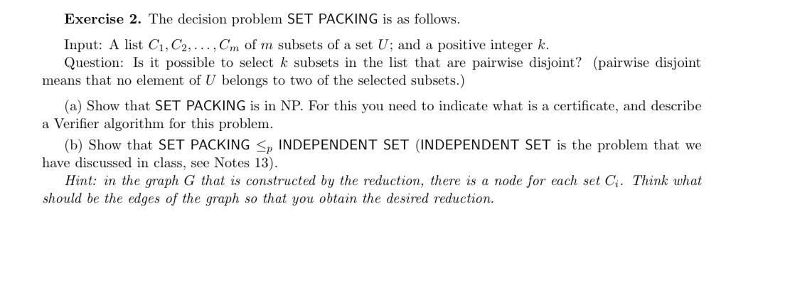 Exercise 2. The decision problem SET PACKING is as | Chegg.com