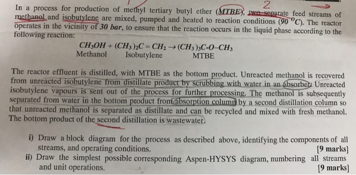Solved 2 In a process for production of methyl tertiary | Chegg.com