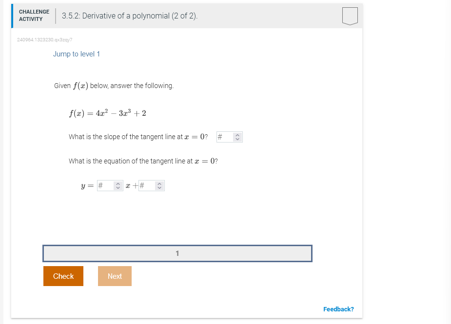 Solved CHALLENGE ACTIVITY 3.5.2: Derivative of a polynomial | Chegg.com