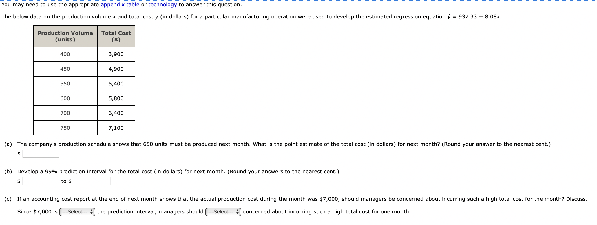 Solved $ (b) Develop a 99% prediction interval for the total | Chegg.com