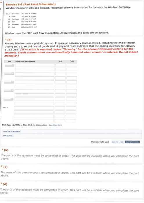 Solved Exercise 8-9 (Part Level Submission) Windsor Company | Chegg.com