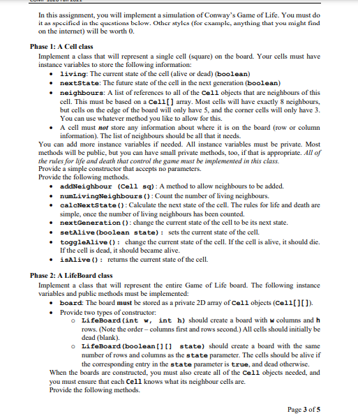 ASSIGNMENT 2.Corway's Game of Life COMP1020 al 2021 | Chegg.com