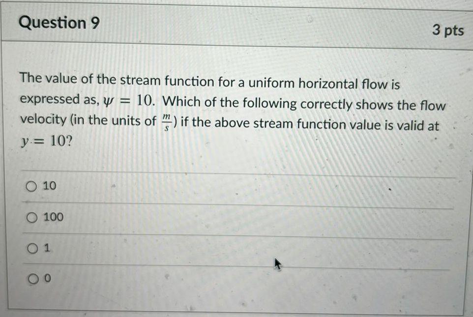 Solved Question 9 3 pts The value of the stream function for | Chegg.com
