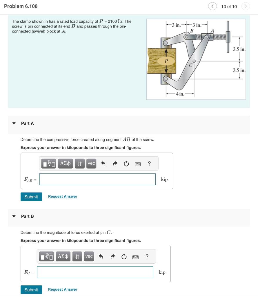 Solved roblem 6.108 10 of 10 The clamp shown in has a rated | Chegg.com