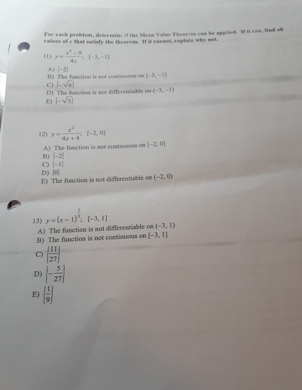 Solved For each problem, determine if the Mean Value Theorem | Chegg.com