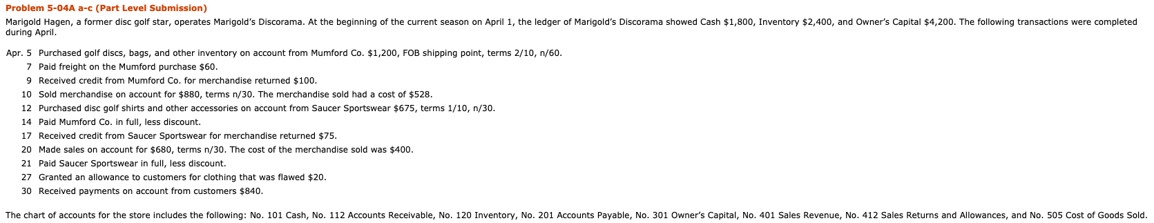 Solved Problem 5-04A a-c (Part Level Submission) Marigold | Chegg.com