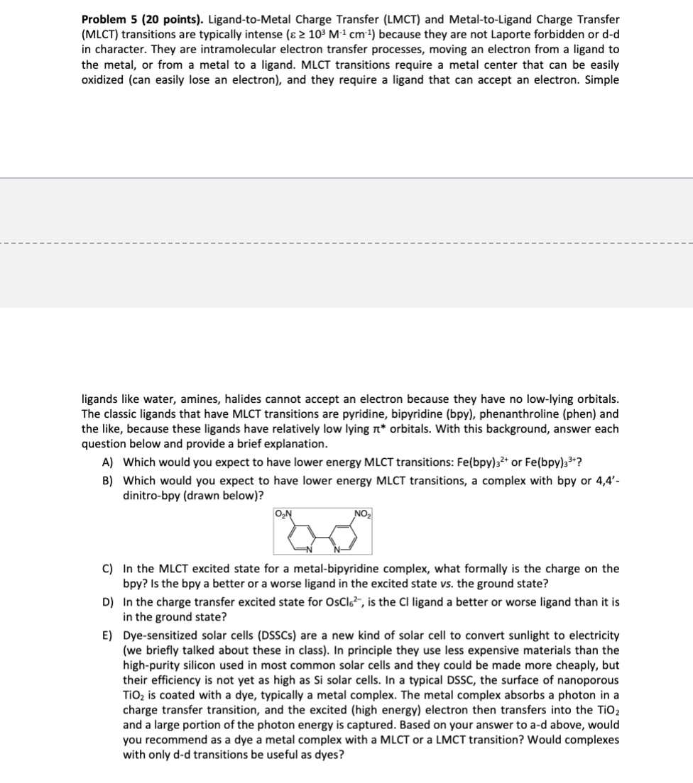 Solved Problem 5 (20 points). Ligand-to-Metal Charge | Chegg.com