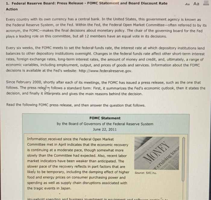 Solved 1. Federal Reserve Board: Press Release-FOMC | Chegg.com