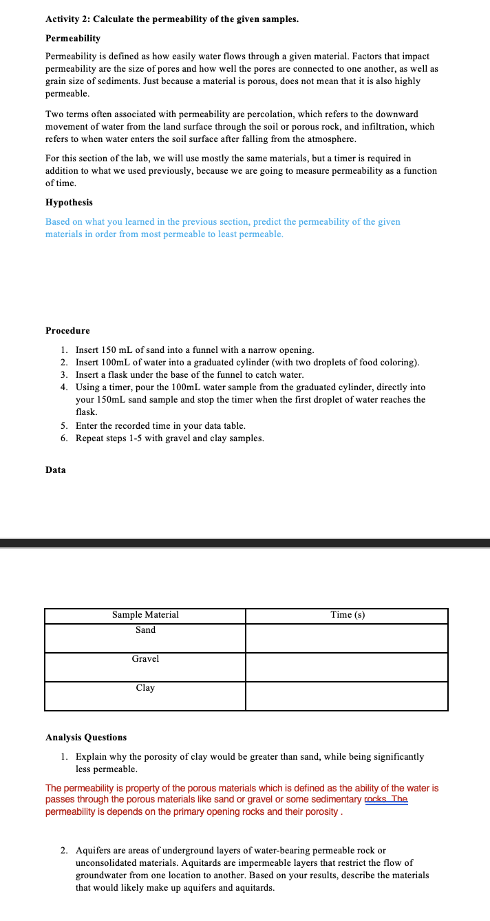 Solved Groundwater Lab - Porosity and Permeability The | Chegg.com