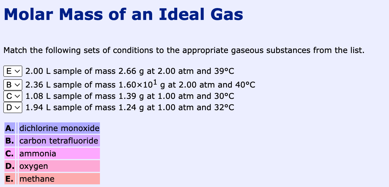 Solved Molar Mass of an Ideal Gas Match the following sets | Chegg.com
