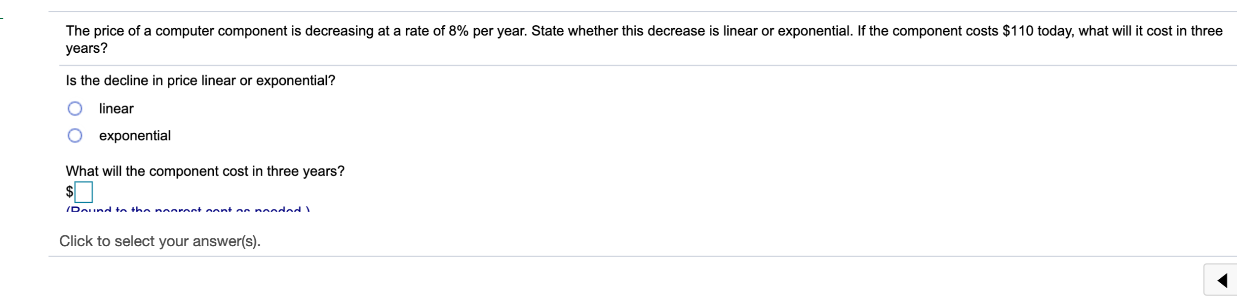 Solved The price of a computer component is decreasing at a | Chegg.com
