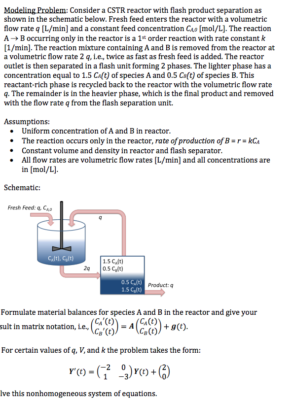 Modeling Problem: Consider a CSTR reactor with flash | Chegg.com