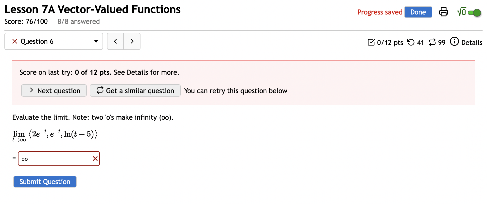 Solved Lesson 7A Vector-Valued Functions Score: 76/100 8/8 | Chegg.com