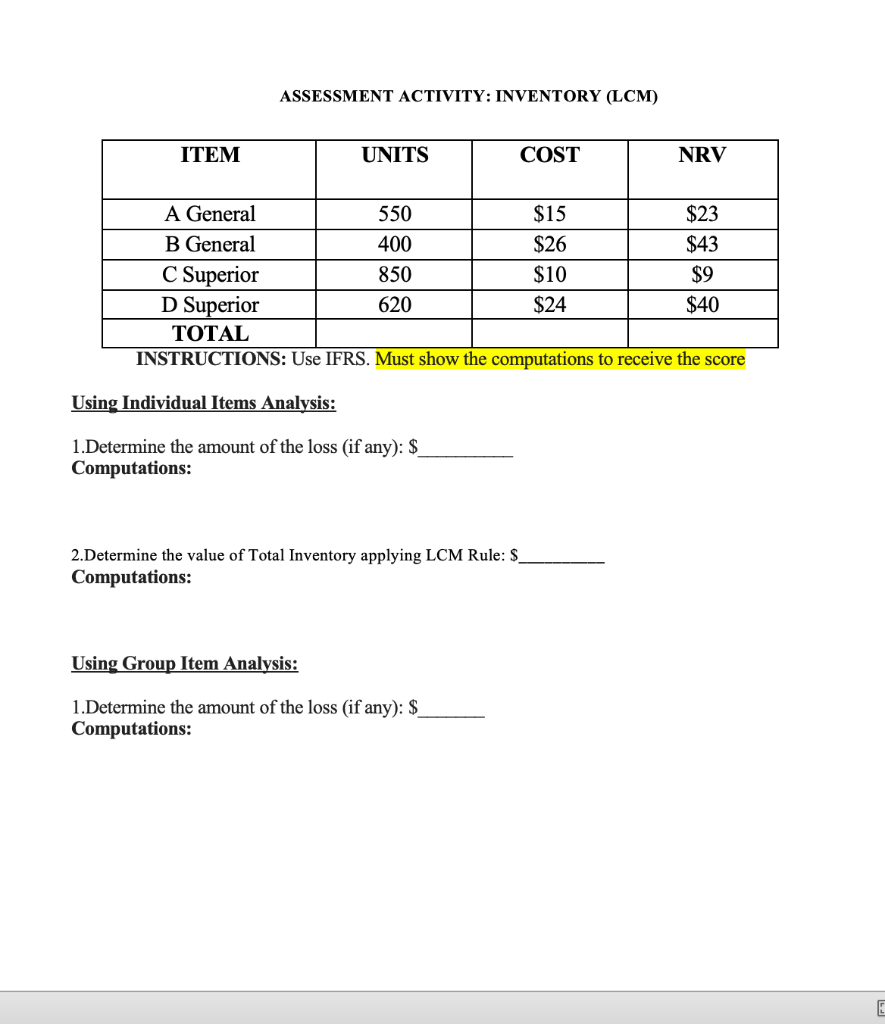 Solved ASSESSMENT ACTIVITY: INVENTORY (LCM) INSTRUCTIONS: | Chegg.com