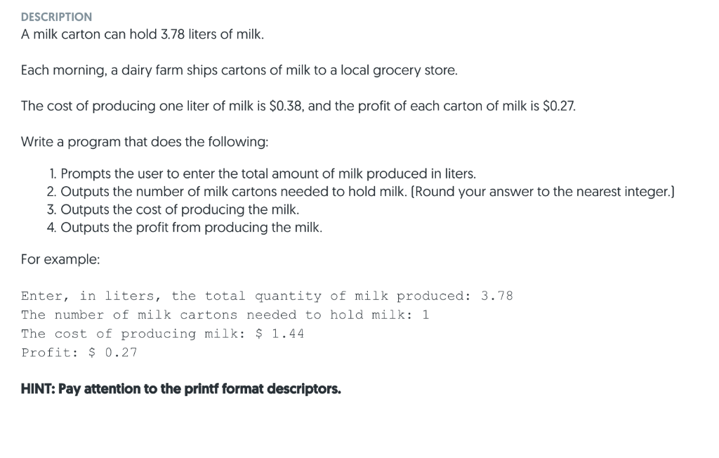 Solved DESCRIPTION A milk carton can hold 3.78 liters of | Chegg.com