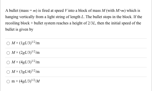 Solved A bullet (mass = m) is fired at speed V into a block | Chegg.com