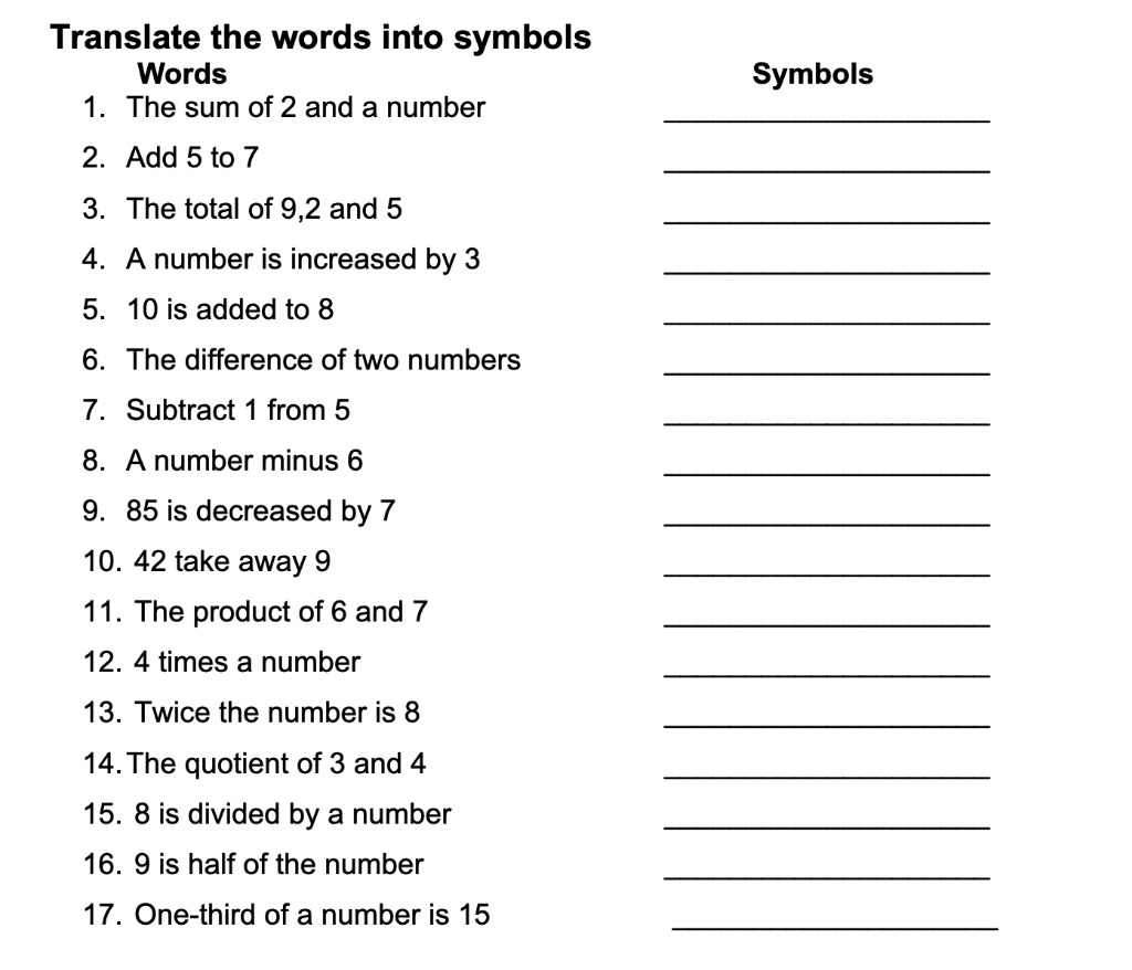 Solved Translate the words into symbols Words Symbols 1. The | Chegg.com