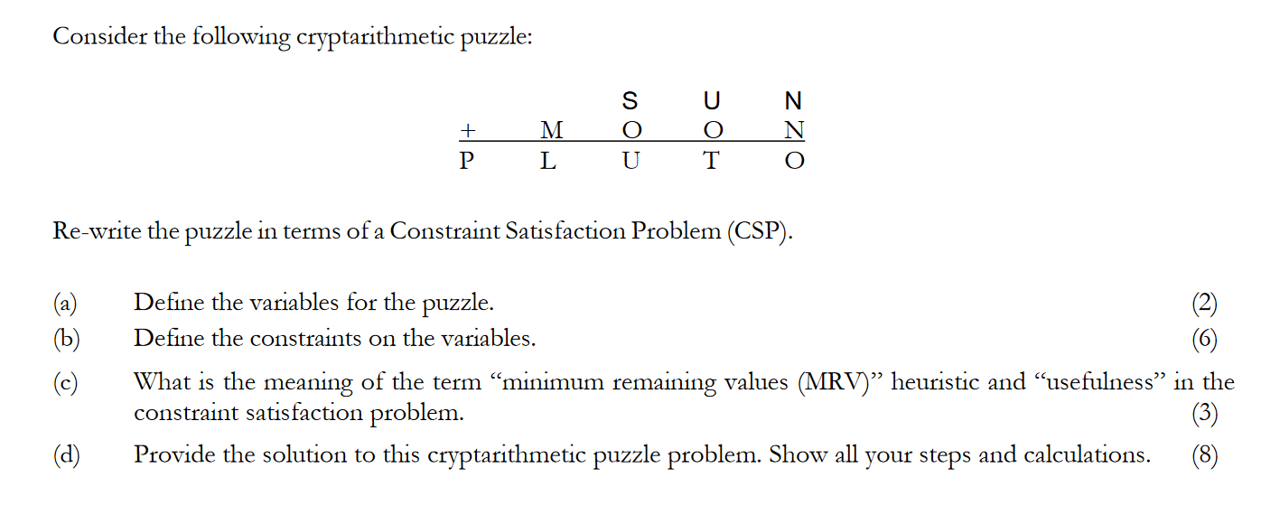 Consider the following cryptarithmetic puzzle: | Chegg.com