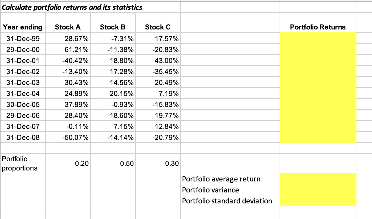 Solved Calculate portfolio returns and its statistics | Chegg.com