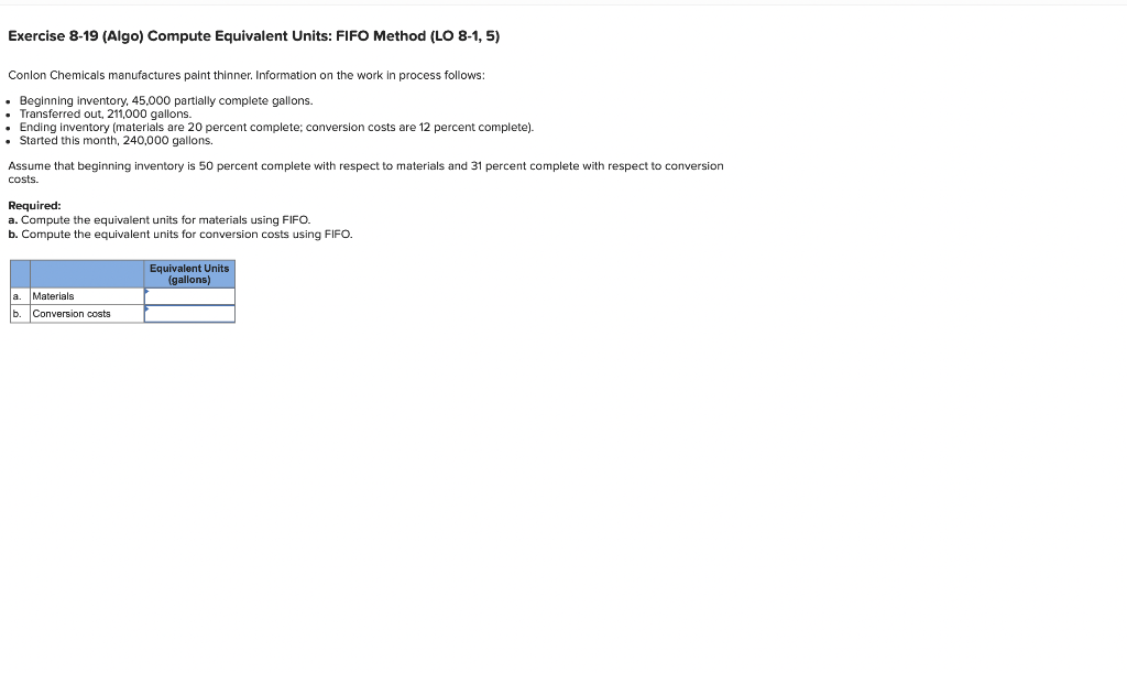 Solved Exercise 8-19 (Algo) Compute Equivalent Units: FIFO | Chegg.com