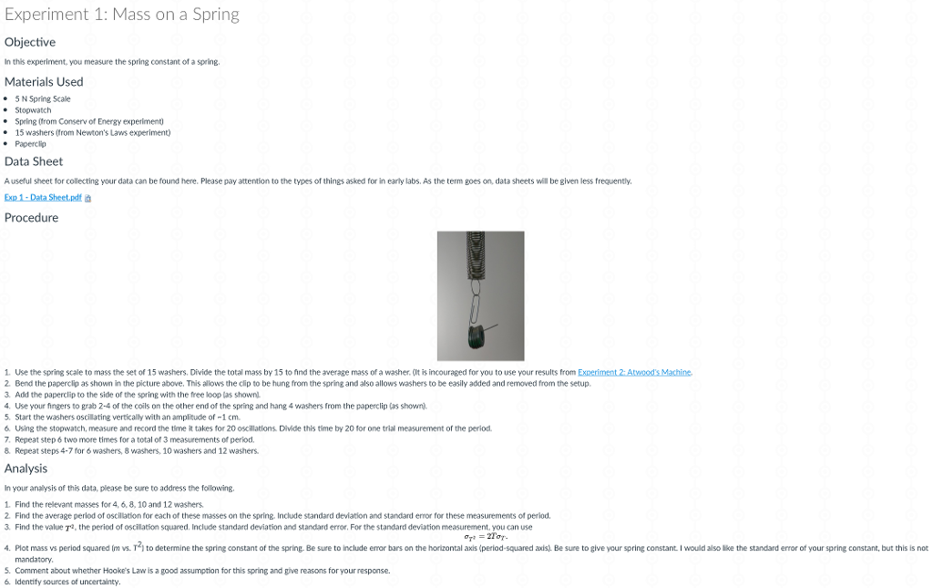 Solved Experiment 1: Mass on a Spring Objective In this | Chegg.com